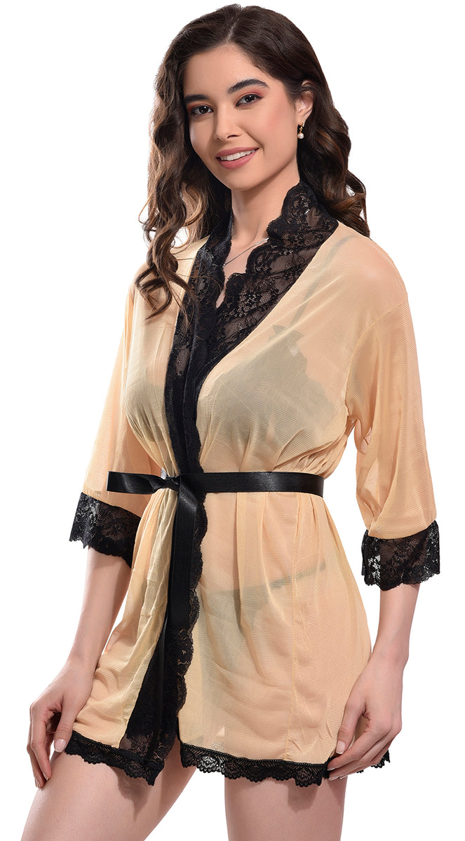 Xs and Os Women's Belted Robe with Peek-a-Boo Lace Bra Panty Lingerie – Xs & Os